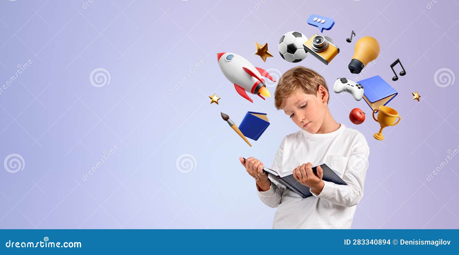 Child Reading a Book in Hands, Different Social Media and Entert Stock ...
