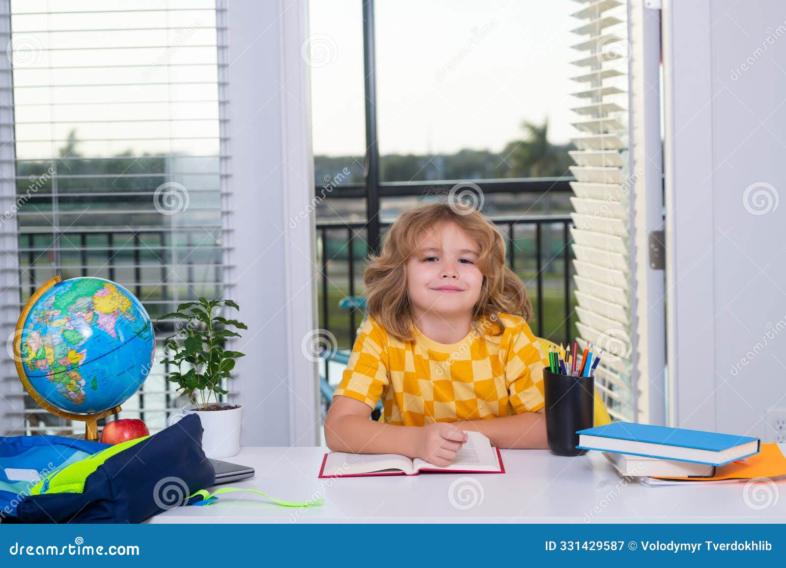 Child Reading Book. Nerd School Kid Doing Homework at Home. Clever ...