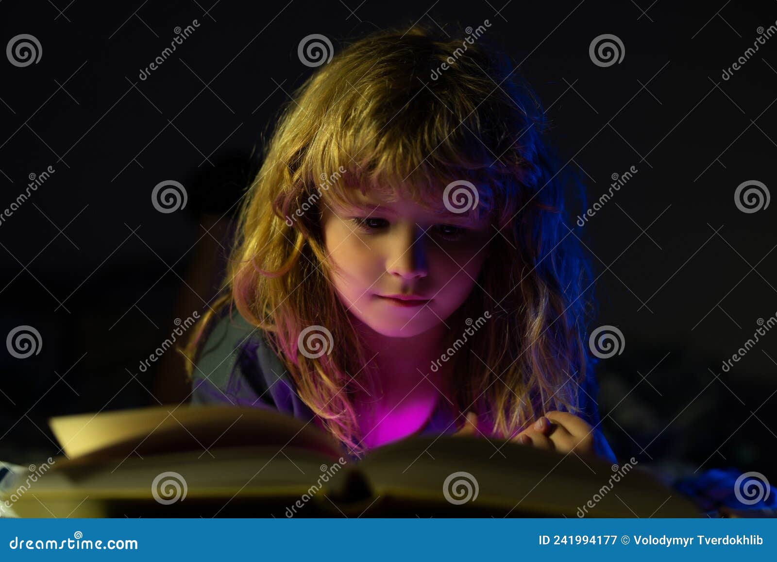 Child Reading a Magic Book in Bed. Kid Boy Read Books at Home. Kids ...