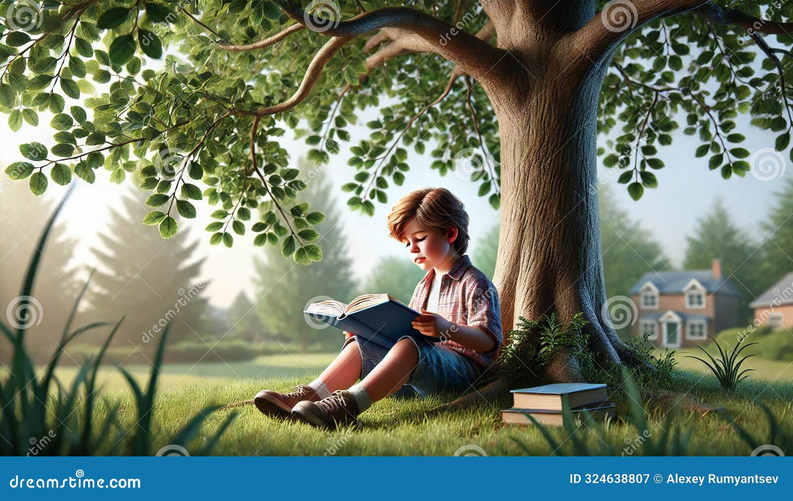 Child Reading Under a Tree stock illustration. Illustration of calmness ...