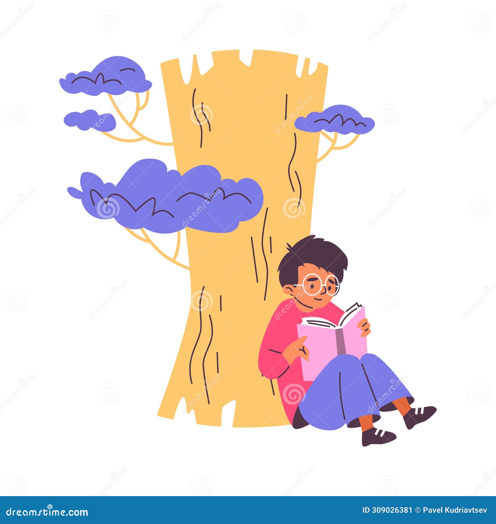 Child Reading Under Tree Vector Illustration Stock Illustration ...