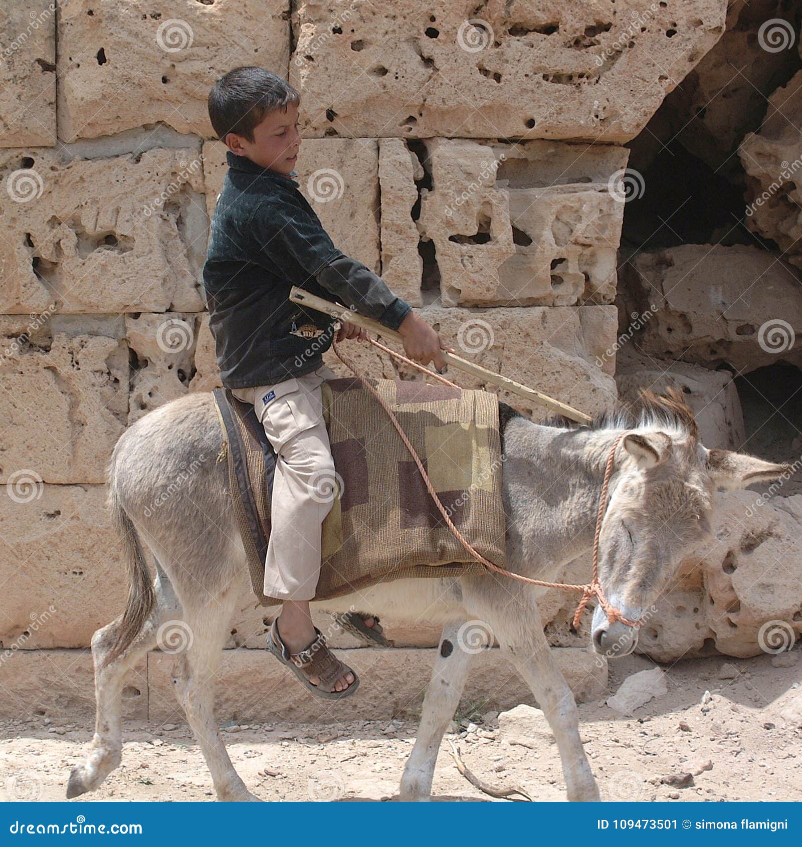Boy Riding A Donkey Ride Slowly Through The Streets Of The Village. The ...