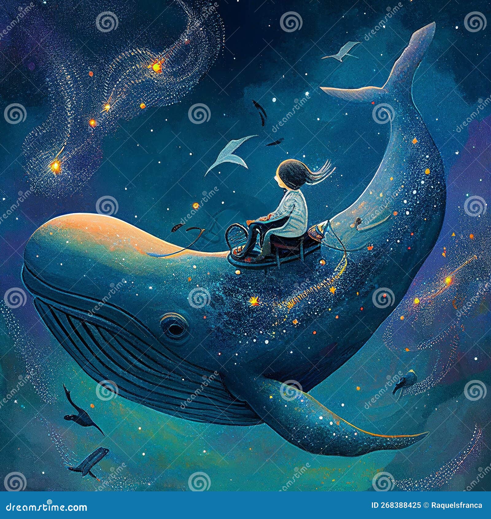 A Child Riding a Whale on Magical Sky Stock Illustration - Illustration ...