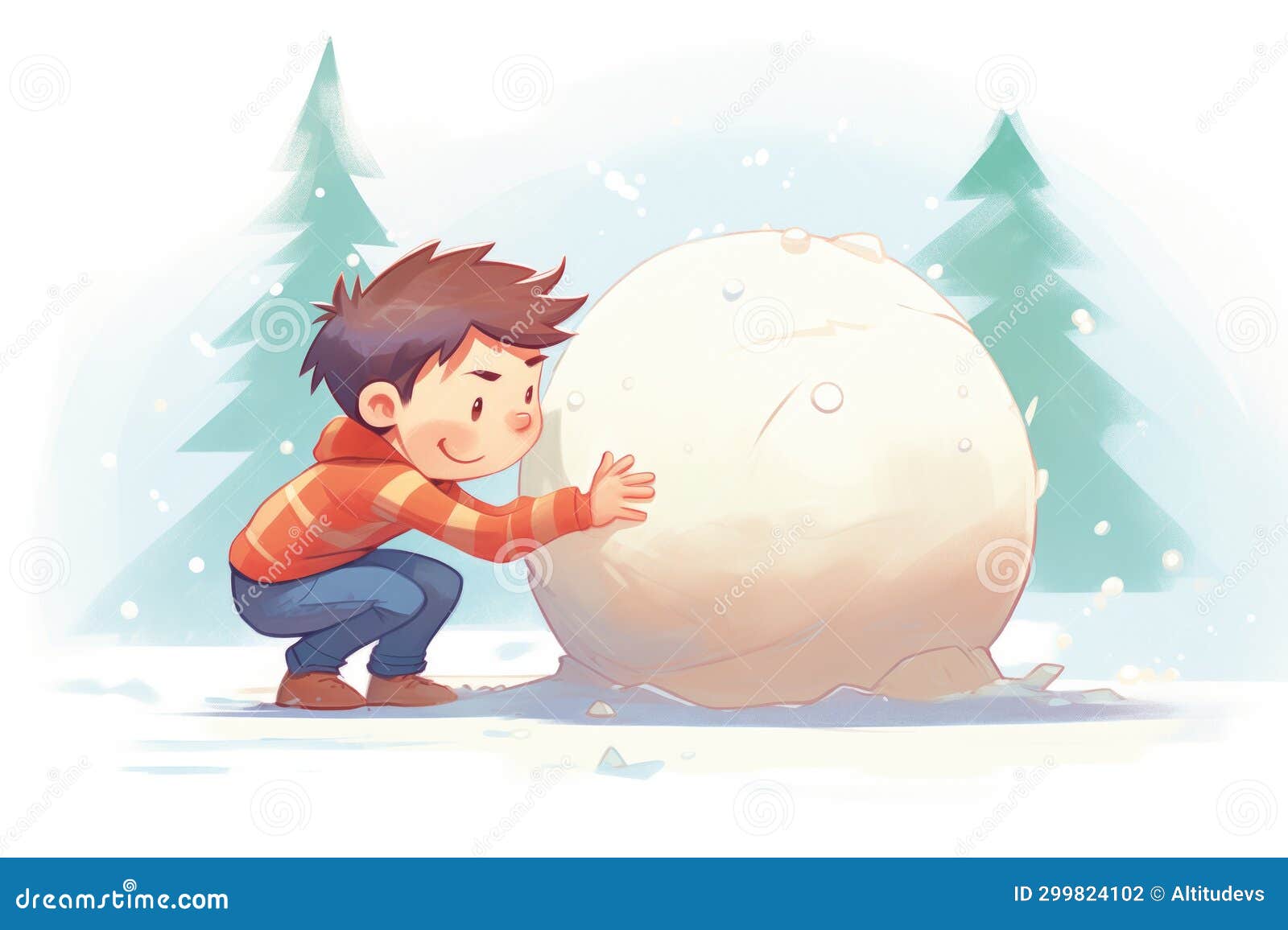 Child Rolling Large Snowball for Snowman Base Stock Illustration ...