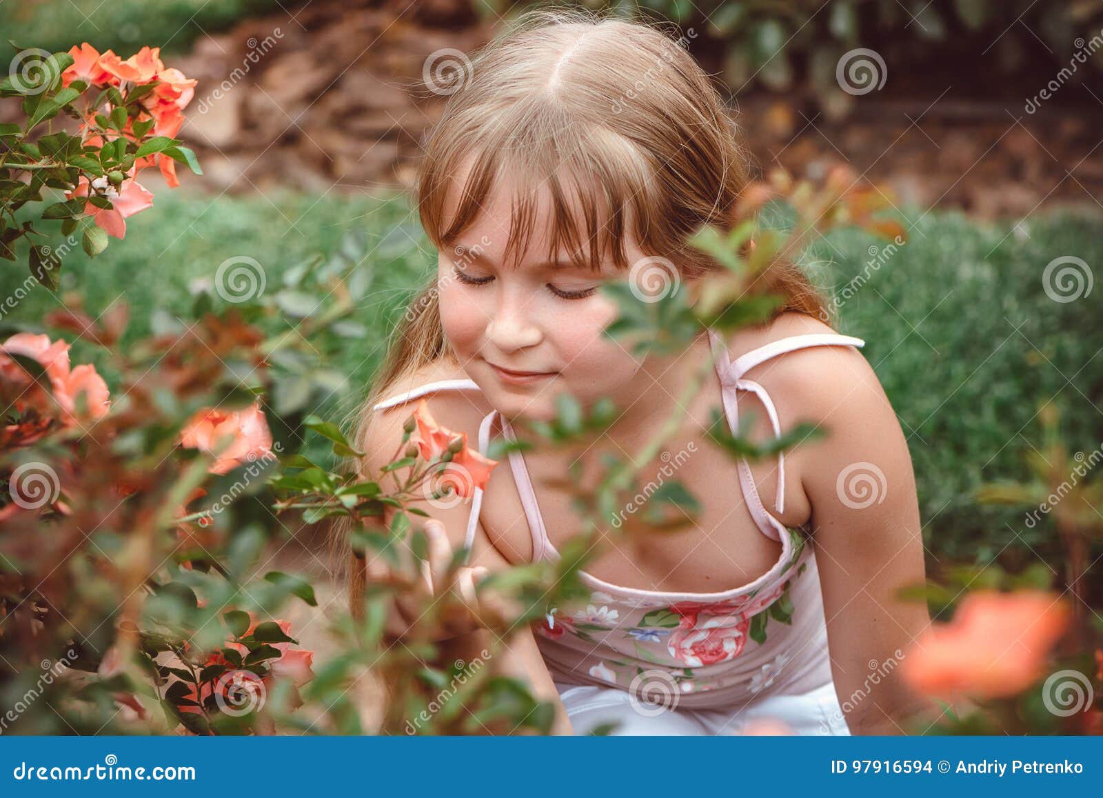Child with Rose Flower in Spring Garden Stock Photo - Image of nature ...