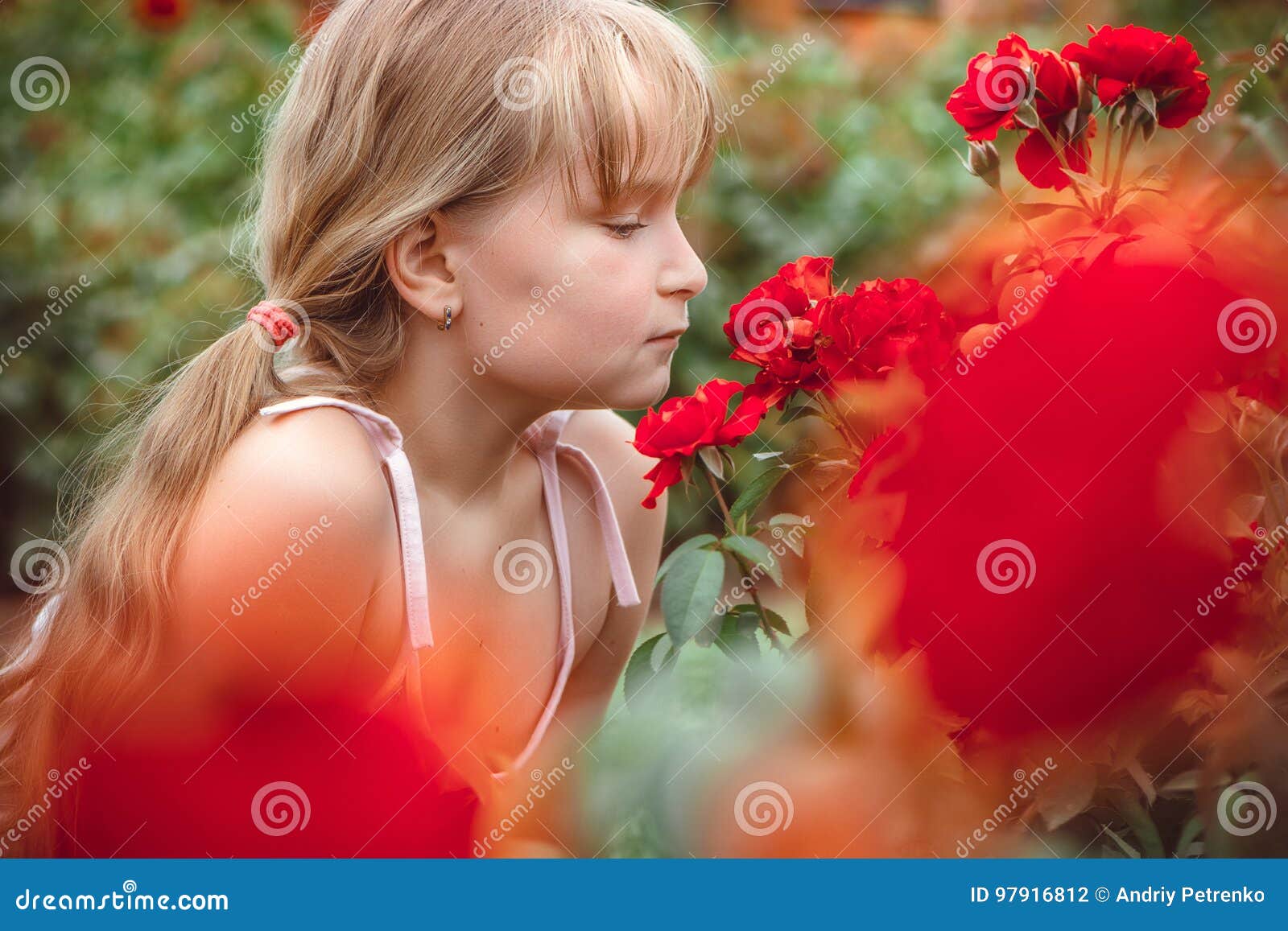 Child with Rose Flower in Spring Garden Stock Photo - Image of adorable ...
