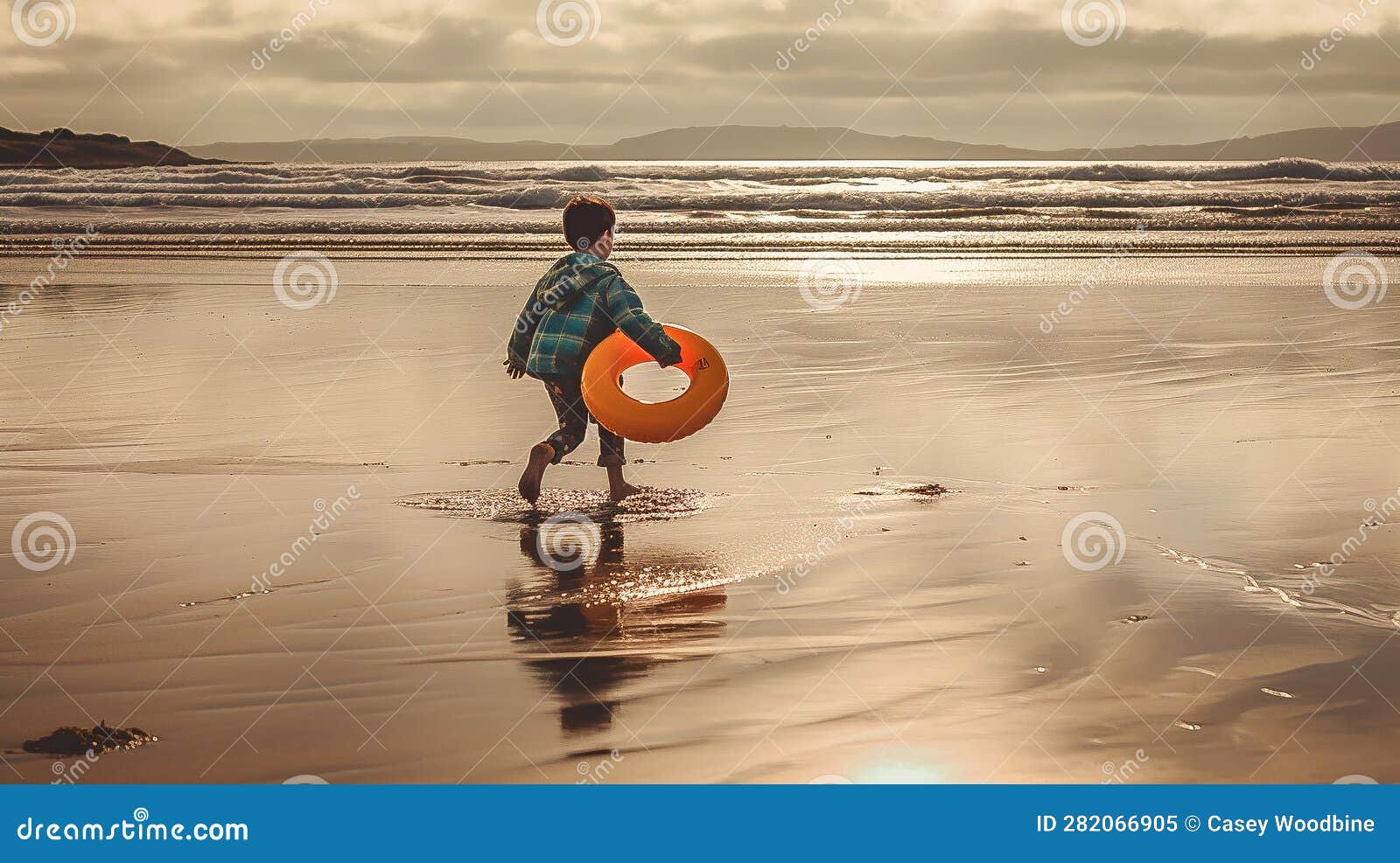 A Child Running on the Beach with an Inflatable Ring Stock Illustration ...