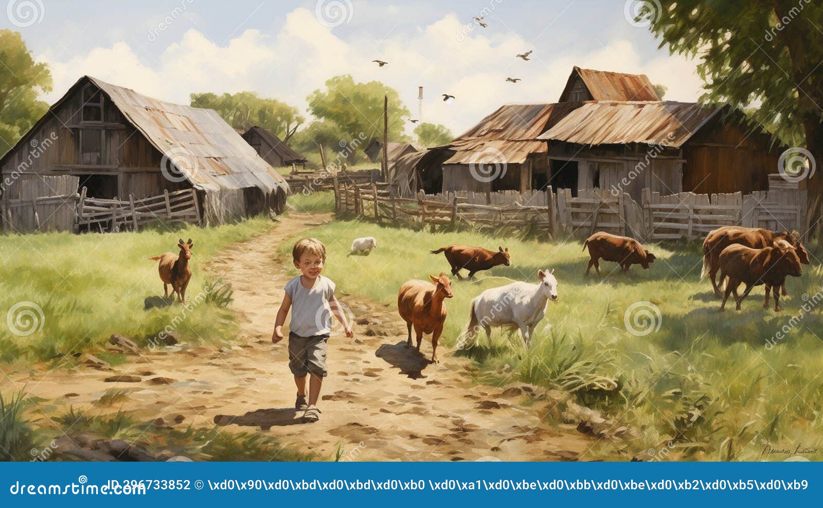 A Child Runs on a Farm with Animals. Nature. Generative AI Stock Photo ...
