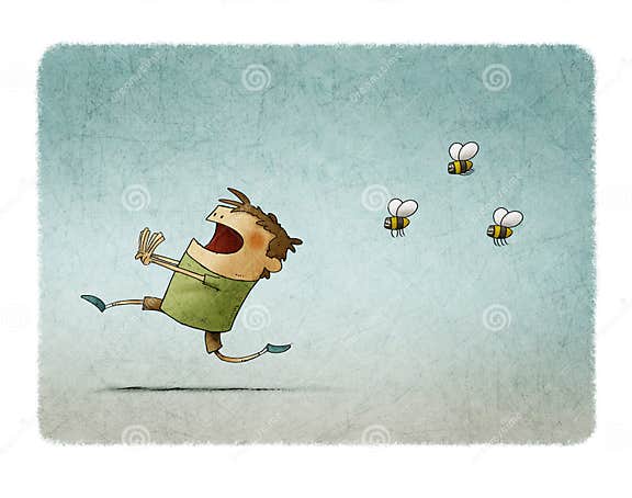 Child Runs Scared because Three Bees Chase Him Stock Illustration ...