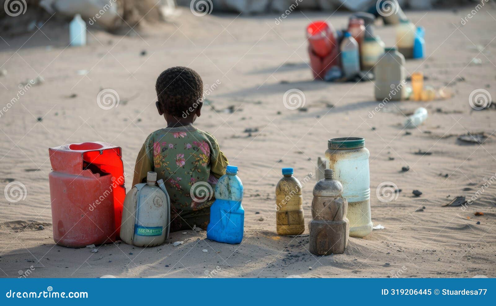 Child Overlooking Jerrycans on Sandy Ground Stock Illustration ...