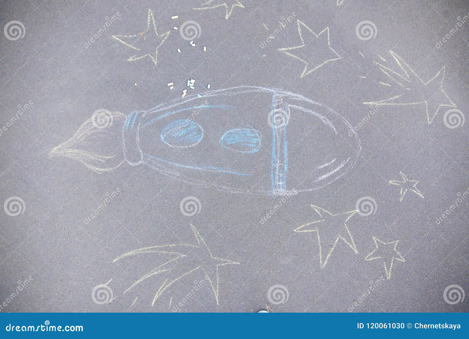 Child`s Chalk Drawing of Rocket on Asphalt, Stock Illustration ...