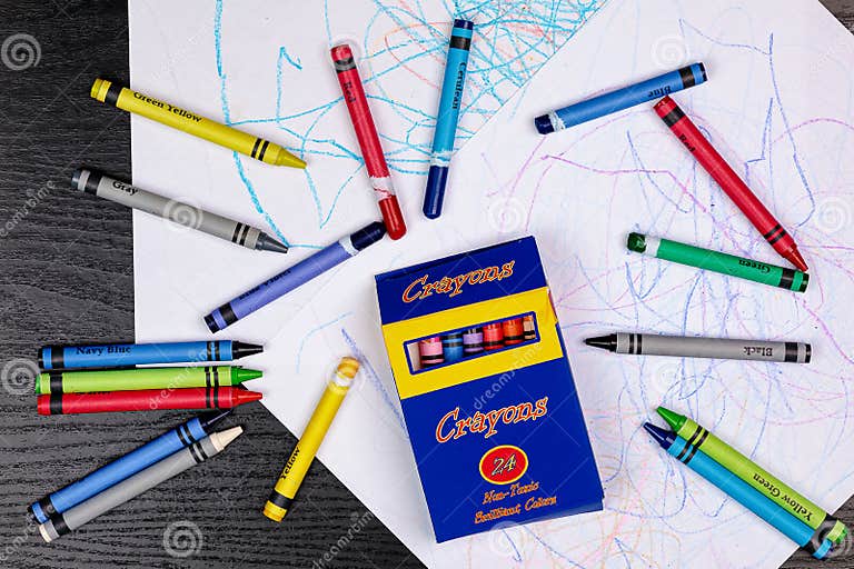 A Child`s Crayon Drawing/scribbles with Generic Crayons and Torn Label ...