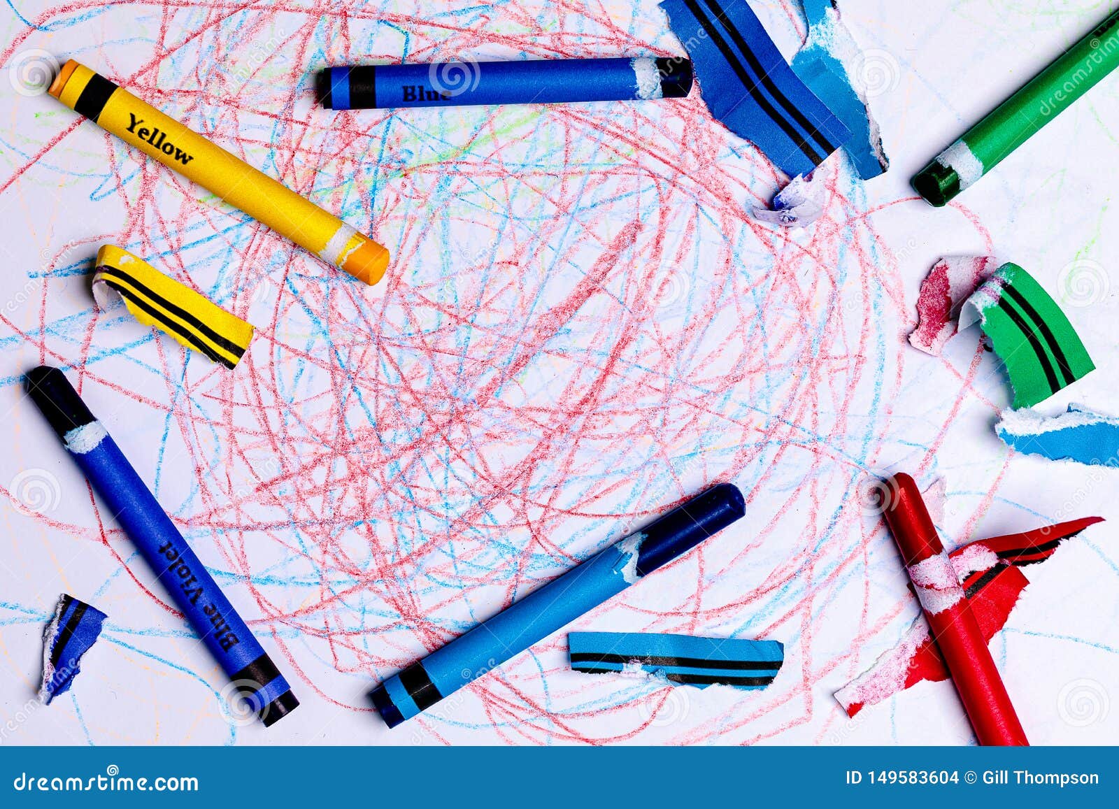 A Child`s Crayon Drawing/scribbles with Generic Crayons and Torn Label ...