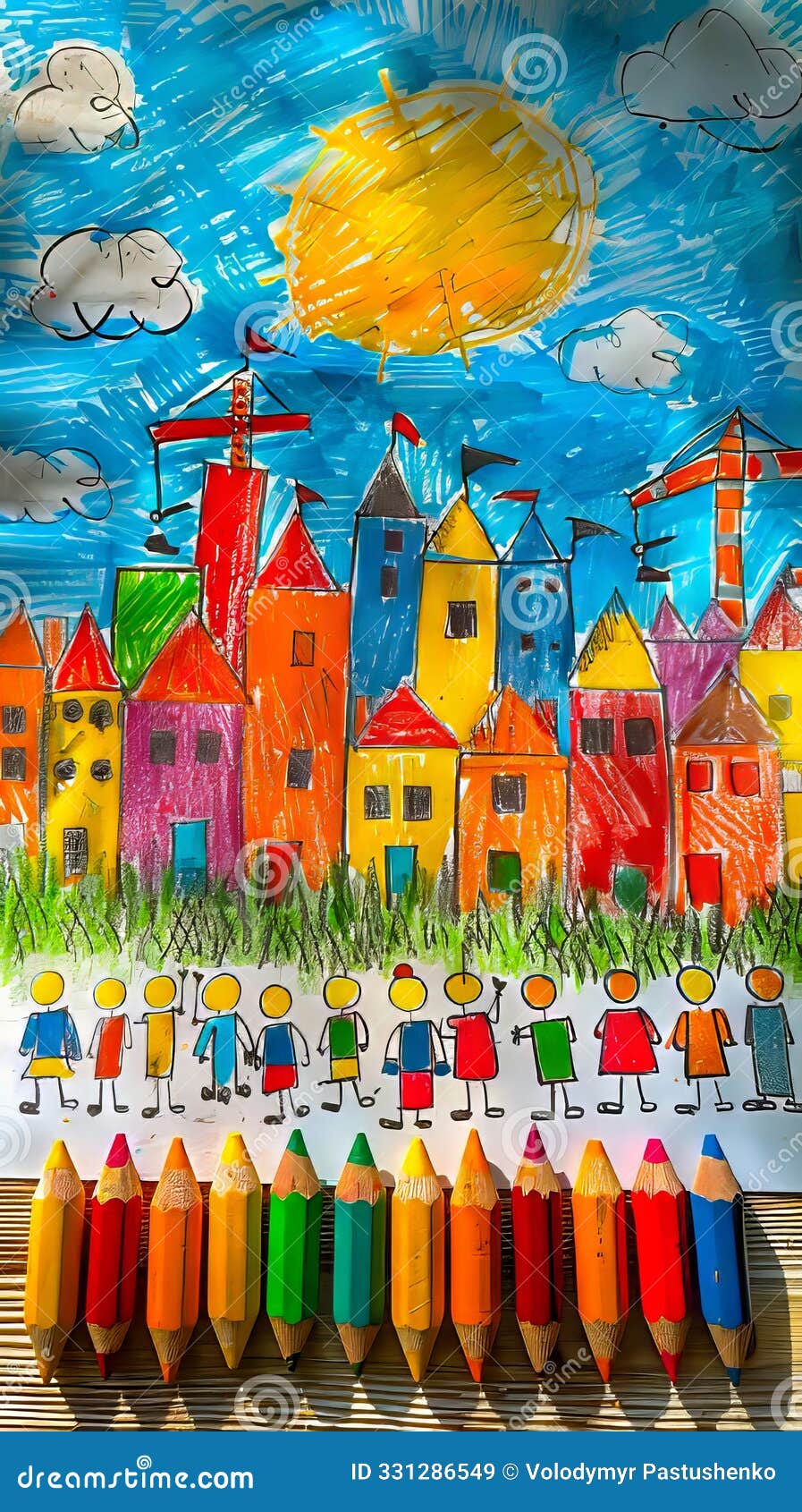 A Child S Drawing of a City with Colored Pencils in Front of it Stock ...
