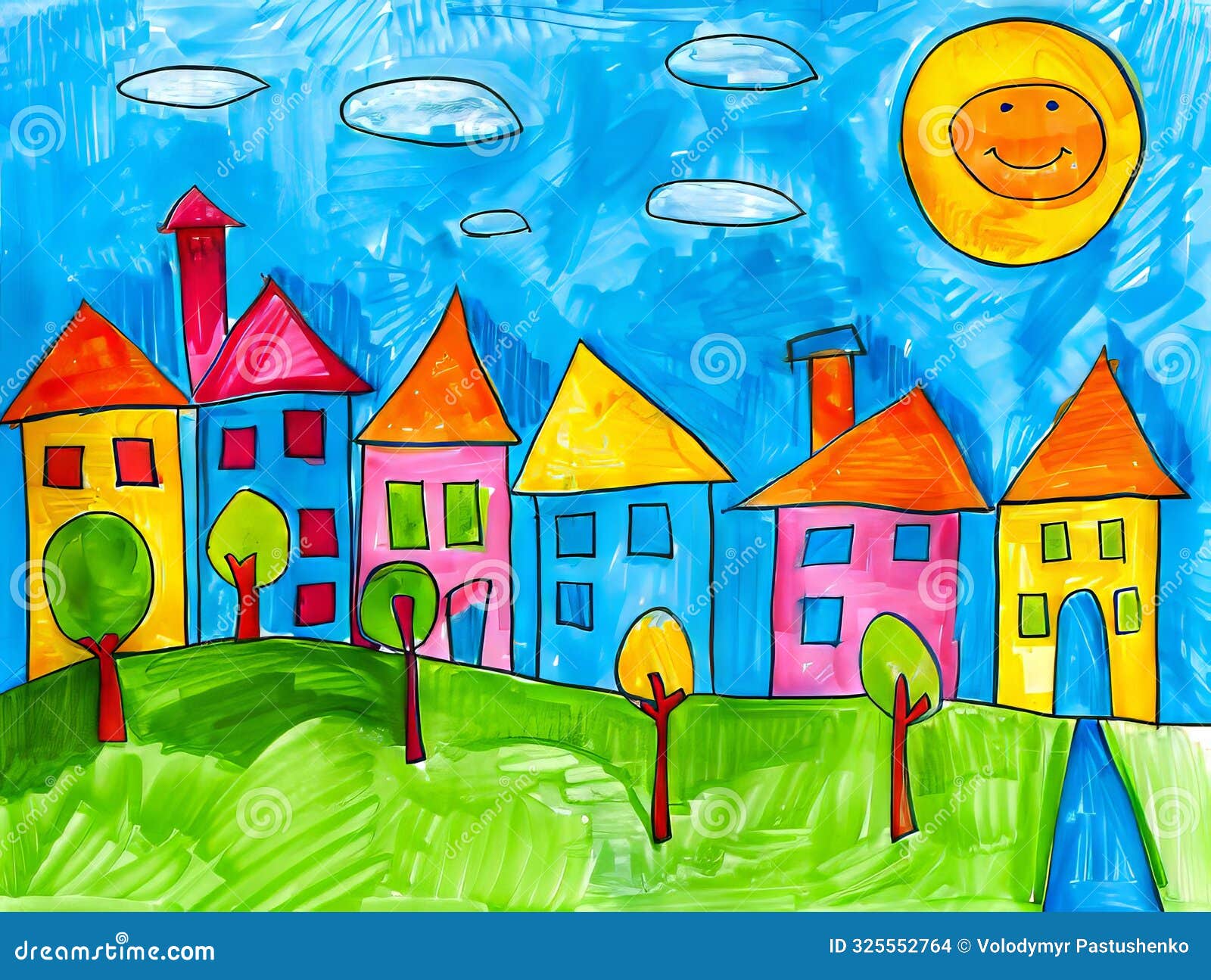 A Child S Drawing of a Colorful Town Stock Photo - Image of colorful ...