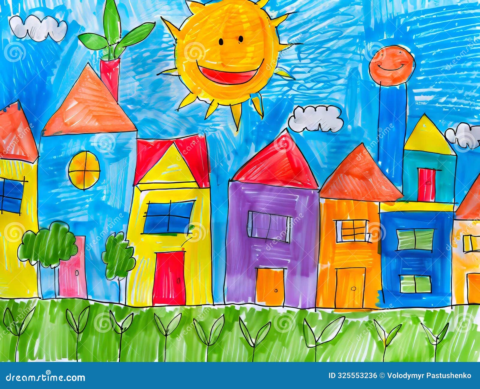 A Child S Drawing of a Colorful Town with Sun Stock Photo - Image of ...