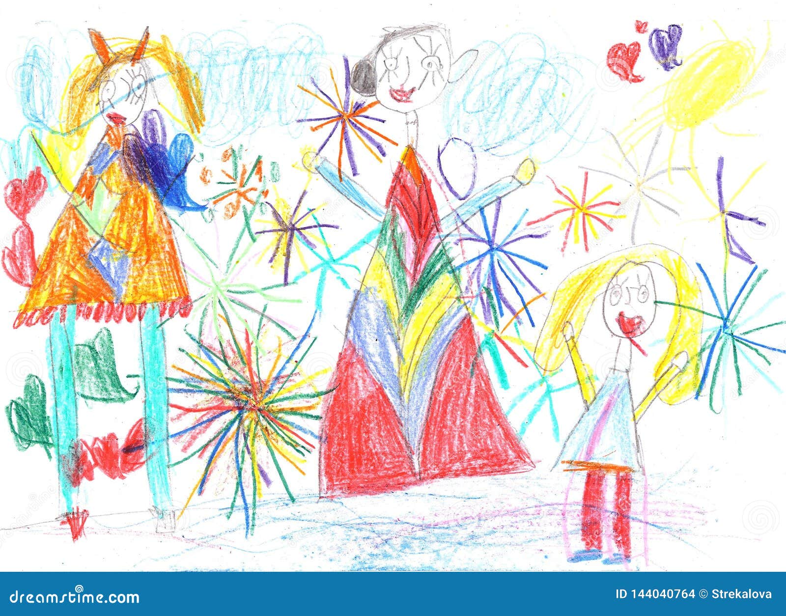 Child Drawing Happy Family Watching Fireworks Stock Photo - Image of ...
