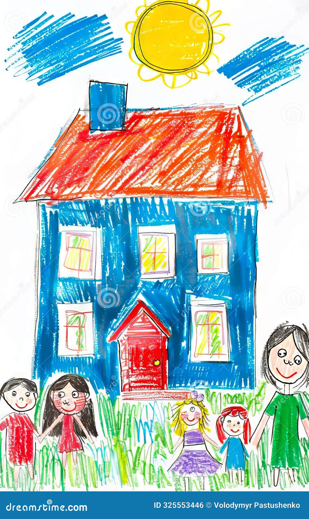 A Child S Drawing of a House with Children Stock Photo - Image of draw ...