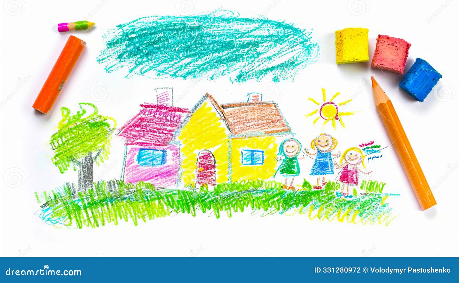 A Child S Drawing of a House with Crayons and Crayon Crayones Stock ...