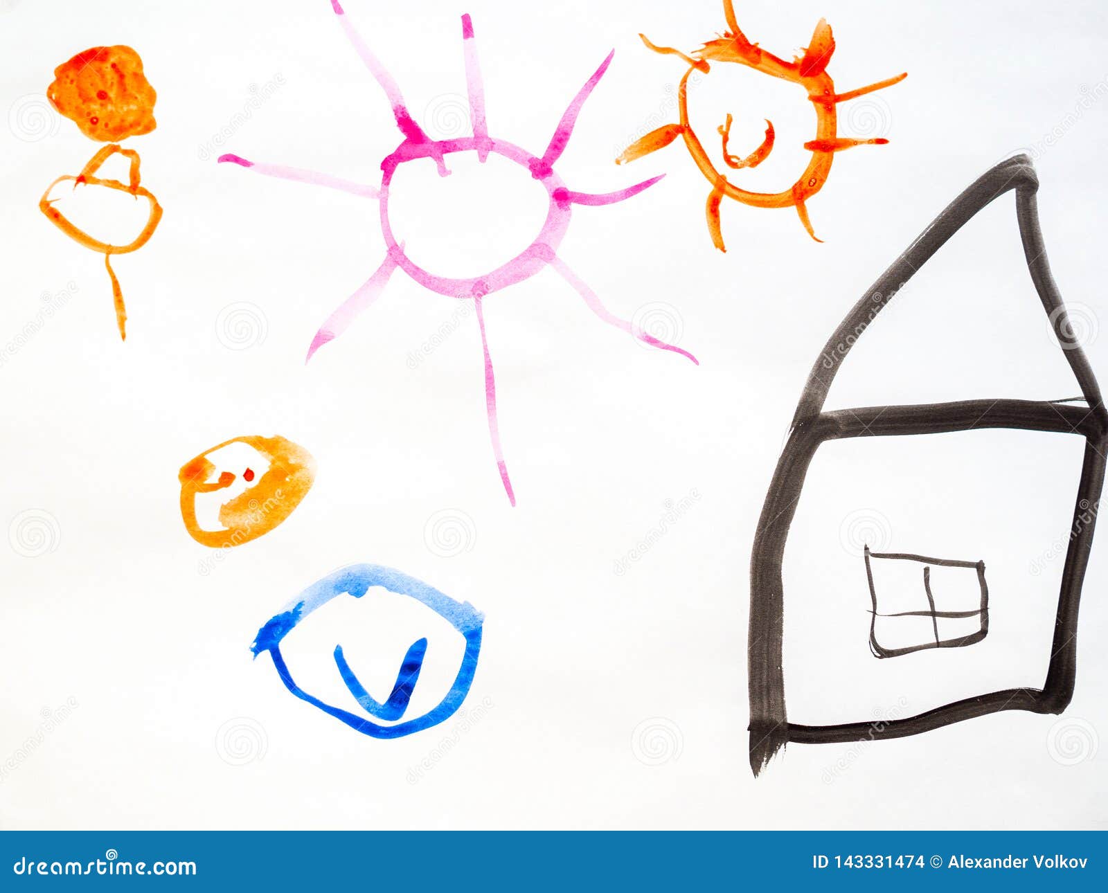 Child`s Drawing of a House and the Sun Stock Illustration ...