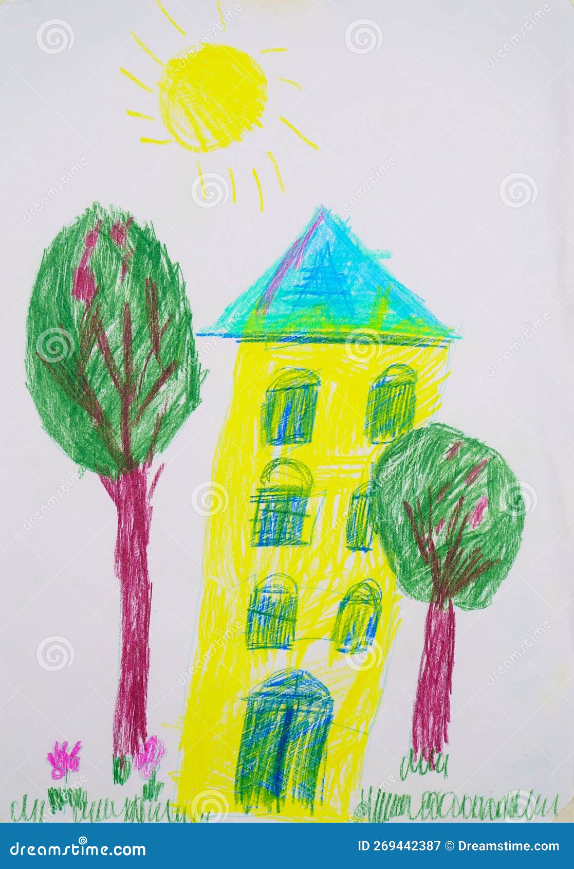 Child S Drawing of a House, Trees and Sun Stock Image - Image of ...