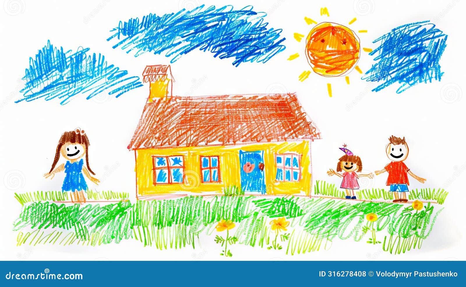 A Child S Drawing of a House with Two Children Stock Photo - Image of ...