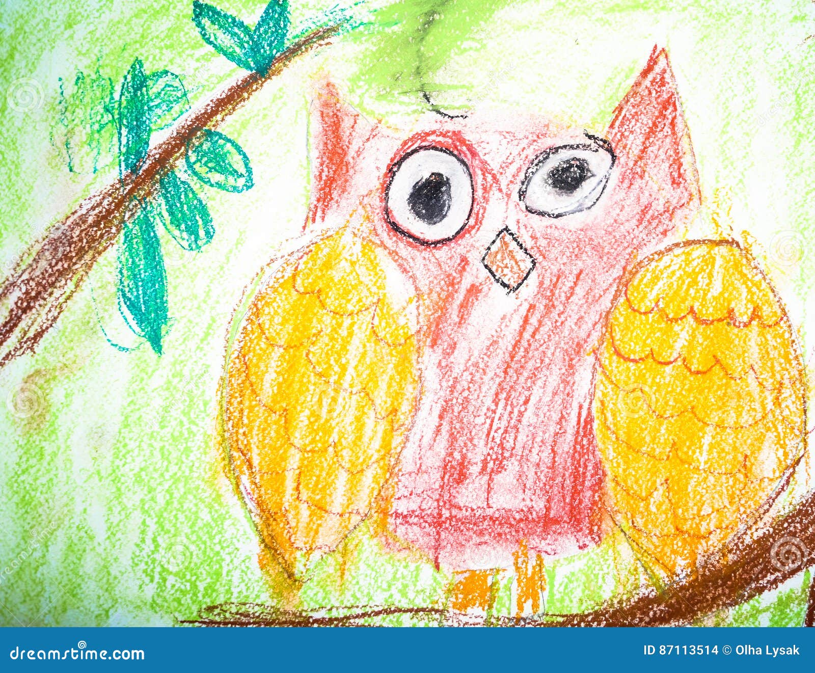 Child`s Drawing Red Owl Sitting on Tree Branch Stock Illustration ...