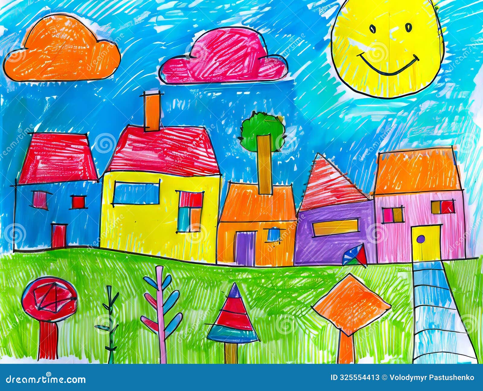 A Child S Drawing of a Town with Houses and Clouds Stock Image - Image ...