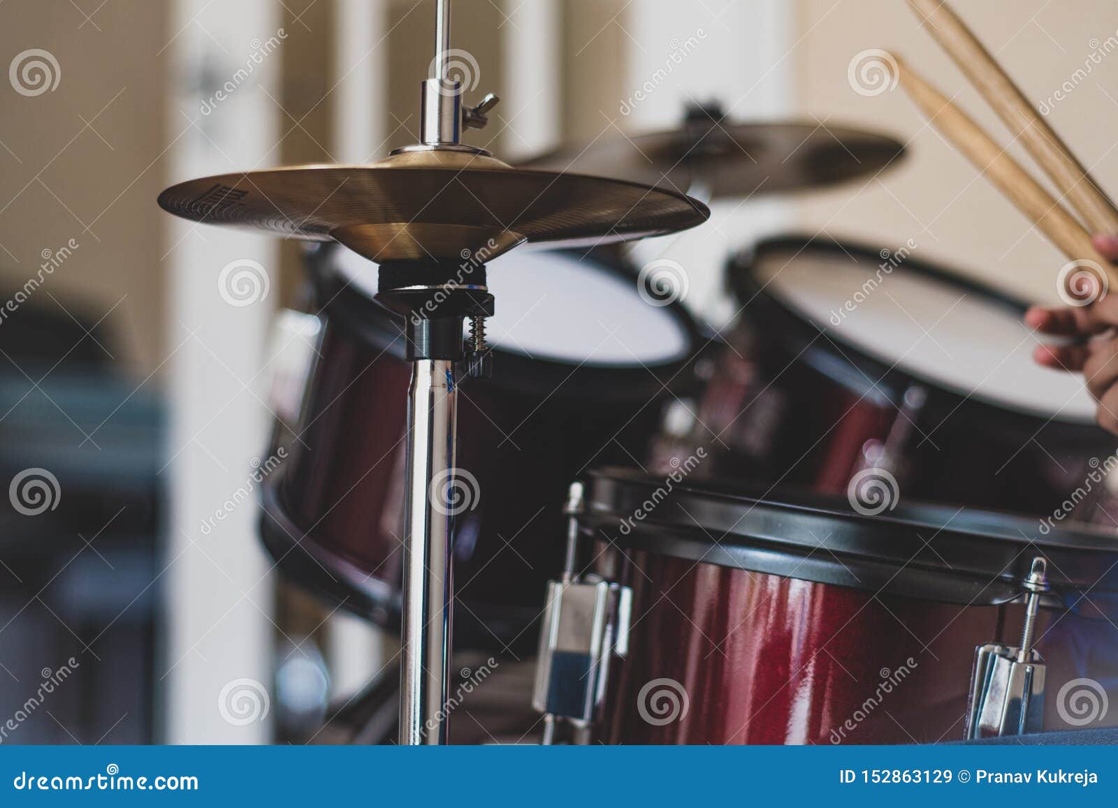 Child`s Drum Set with Hands and Drumsticks. Stock Image - Image of ...
