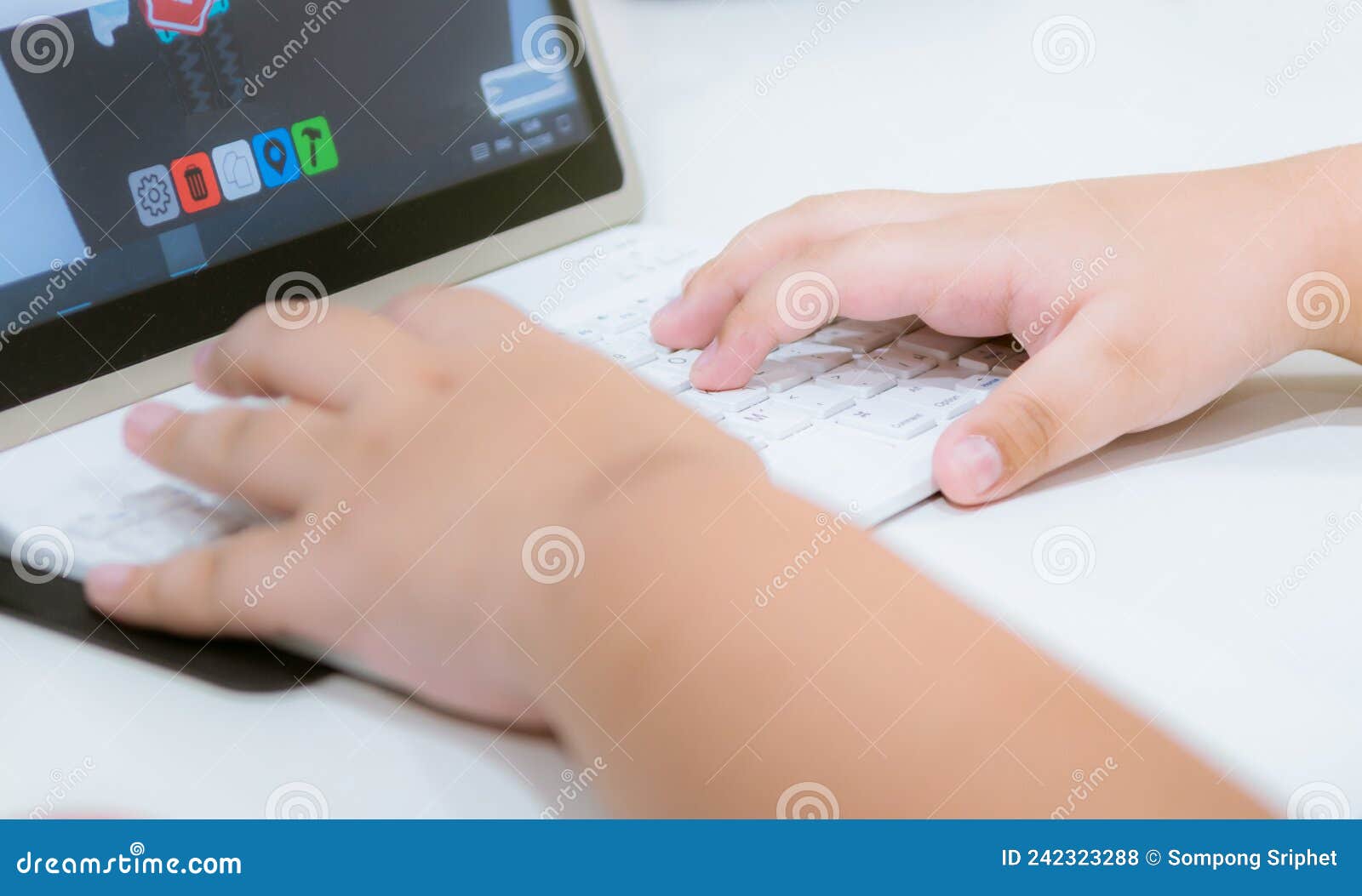 Child`s Hand on Computer Keyboard Play Game Stock Photo - Image of ...