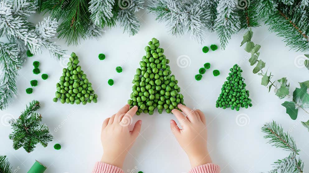 Child S Hands Crafting Christmas Trees with Green Peas and Pine ...