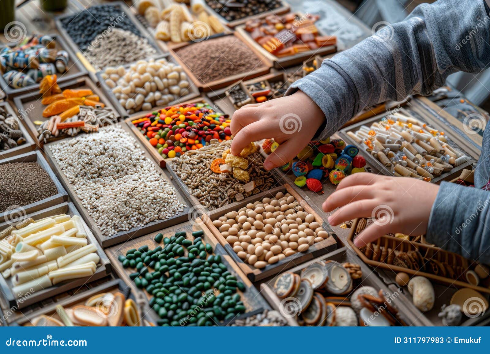 Child& X27;s Hands Sorting Variety of Textured Materials. Stock Image ...