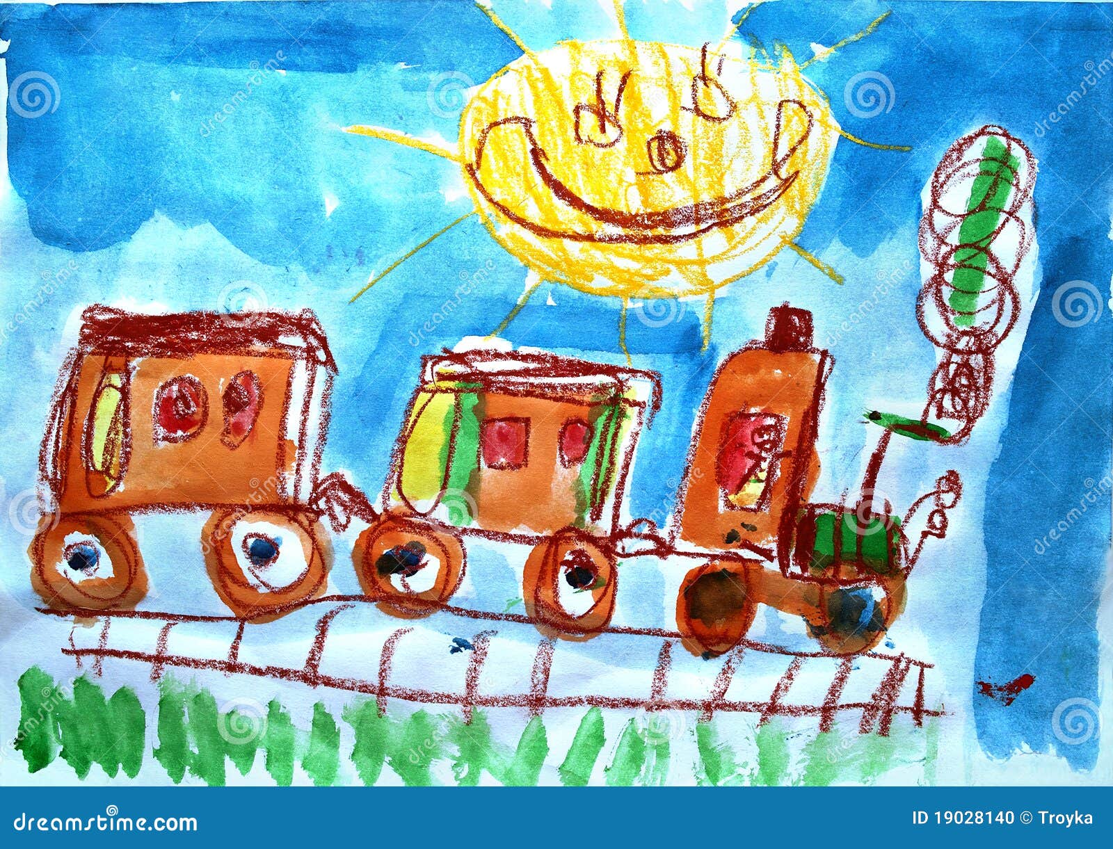 Child S Watercolor Picture of Train. Stock Illustration - Illustration ...