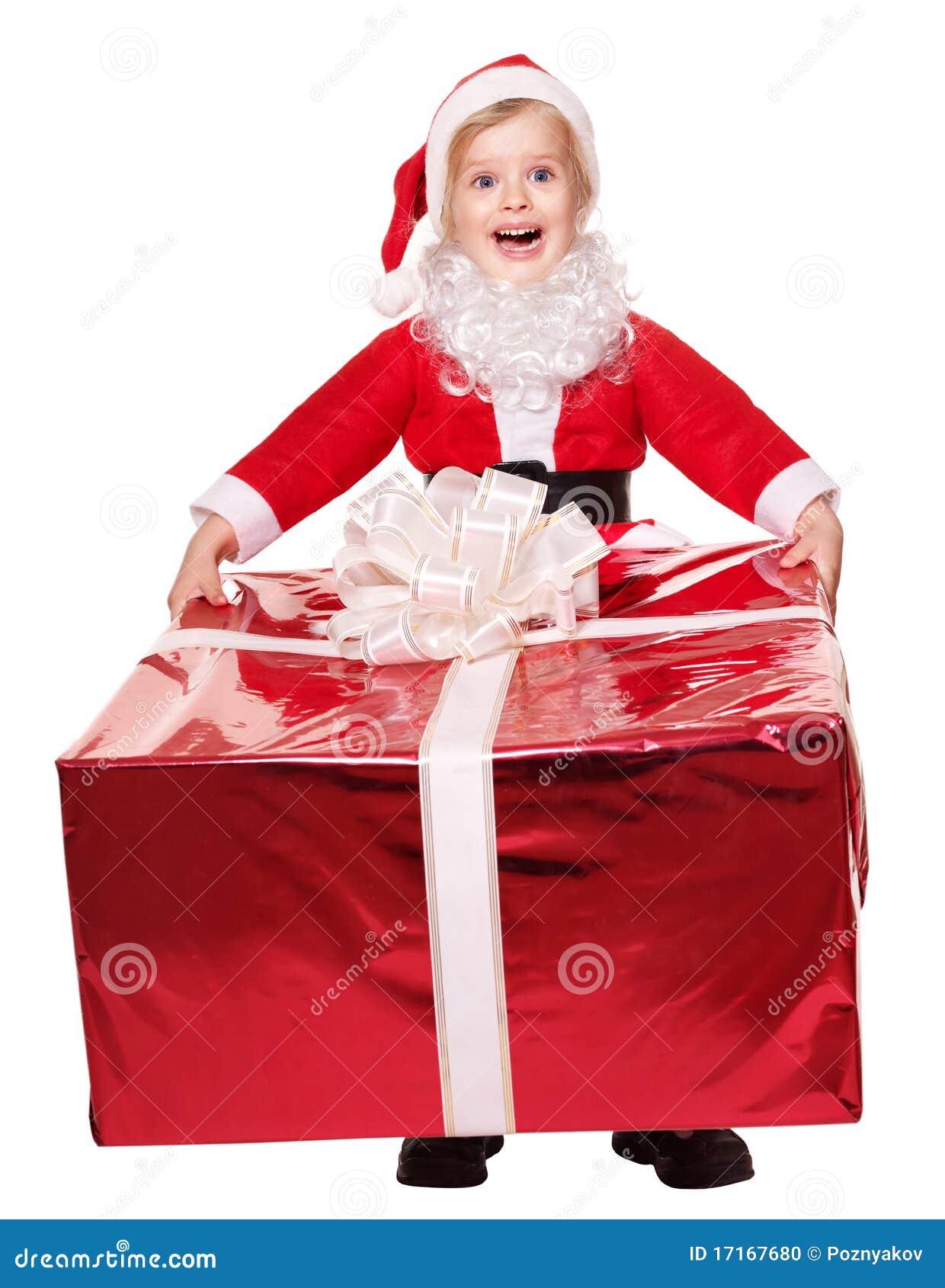 Child in Santa Costume Giving Gift Box. Stock Photo - Image of group ...