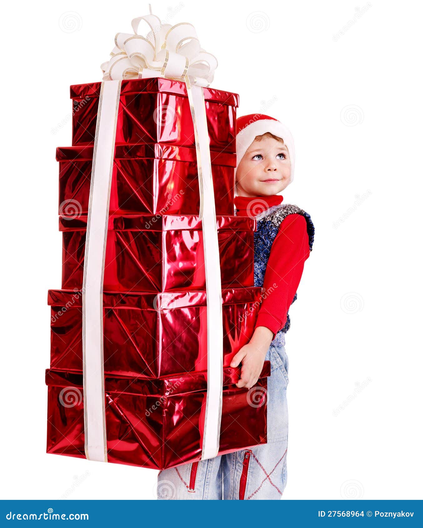 Child in Santa Hat with Stack Gift Box. Stock Photo - Image of casual ...