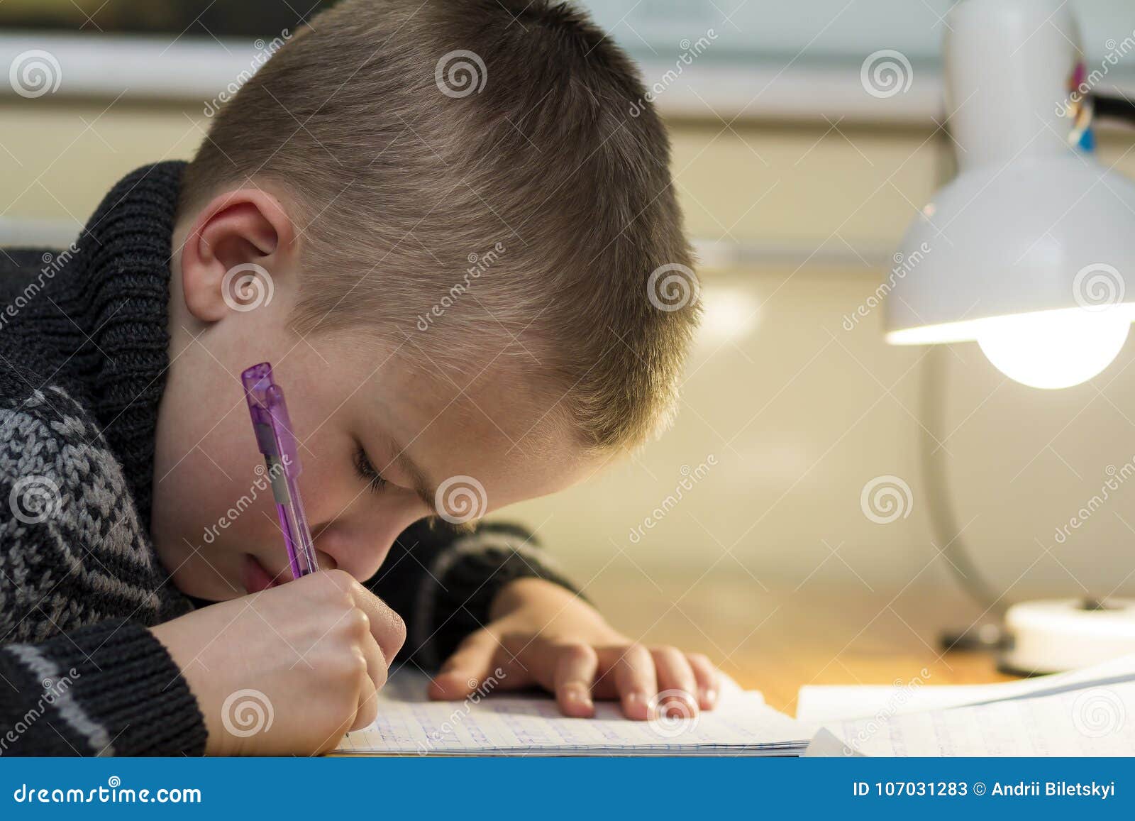 Child School Age Boy Making His Homework Stock Image - Image of pencil ...