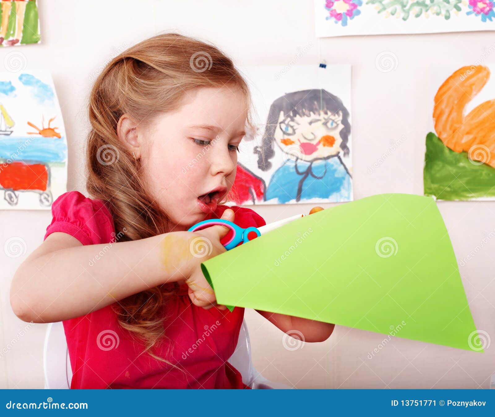 Child with Scissors Cut Paper in Play Room. Stock Image - Image of ...