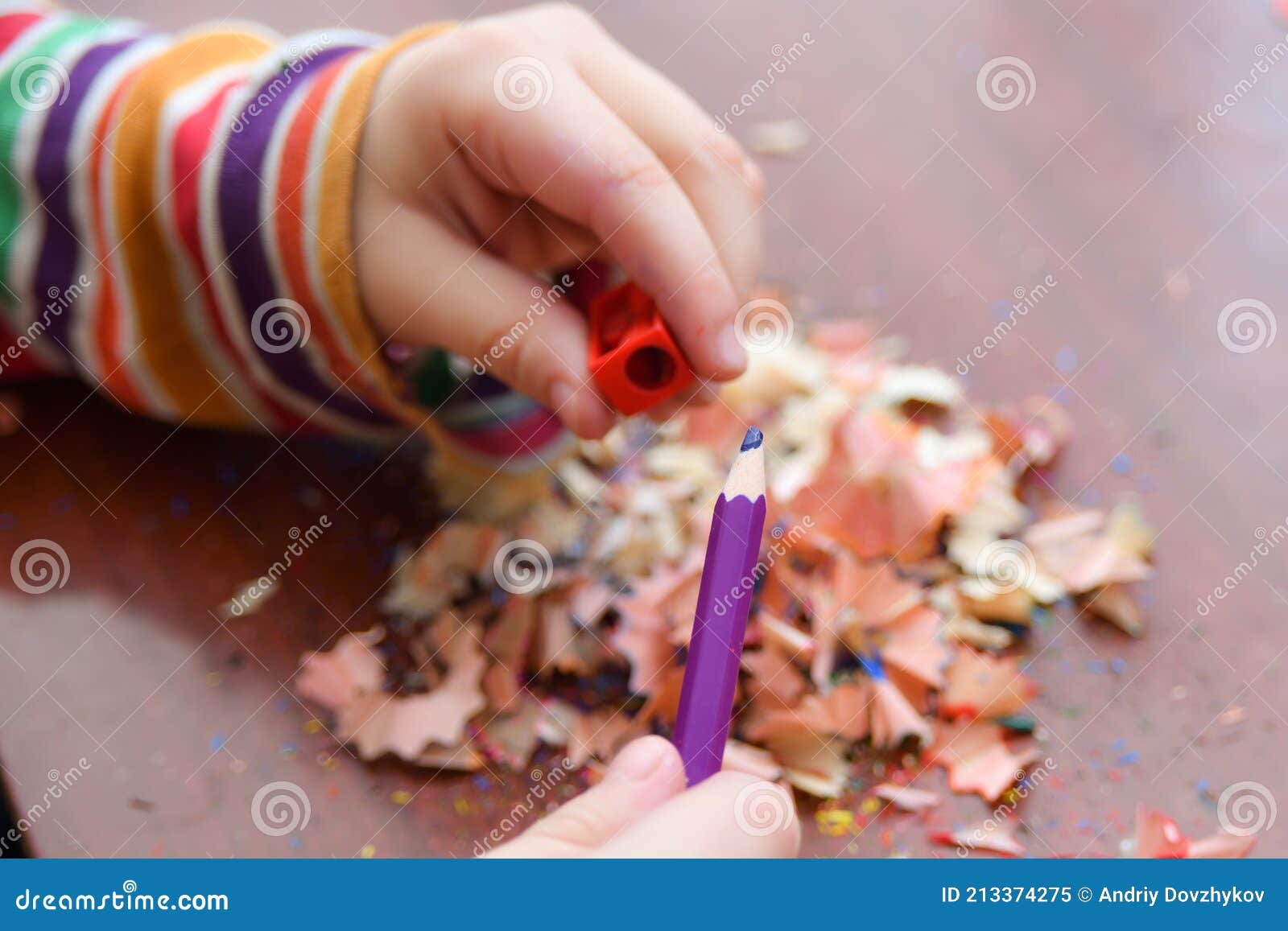 The Child Sharpens the Pencil with a Sharpener for Further Drawing with ...