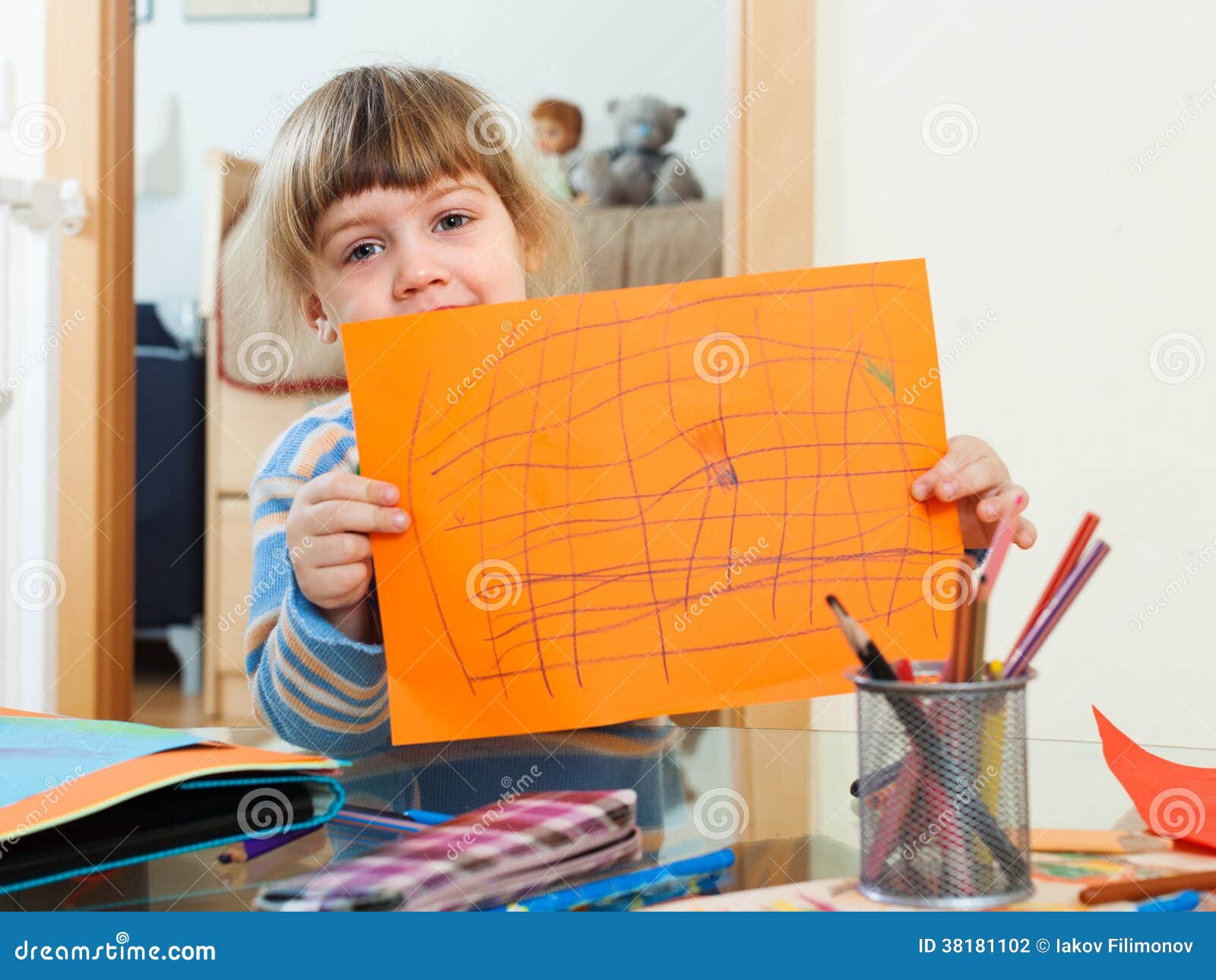 Child showing drawed paper stock photo. Image of adorable - 38181102