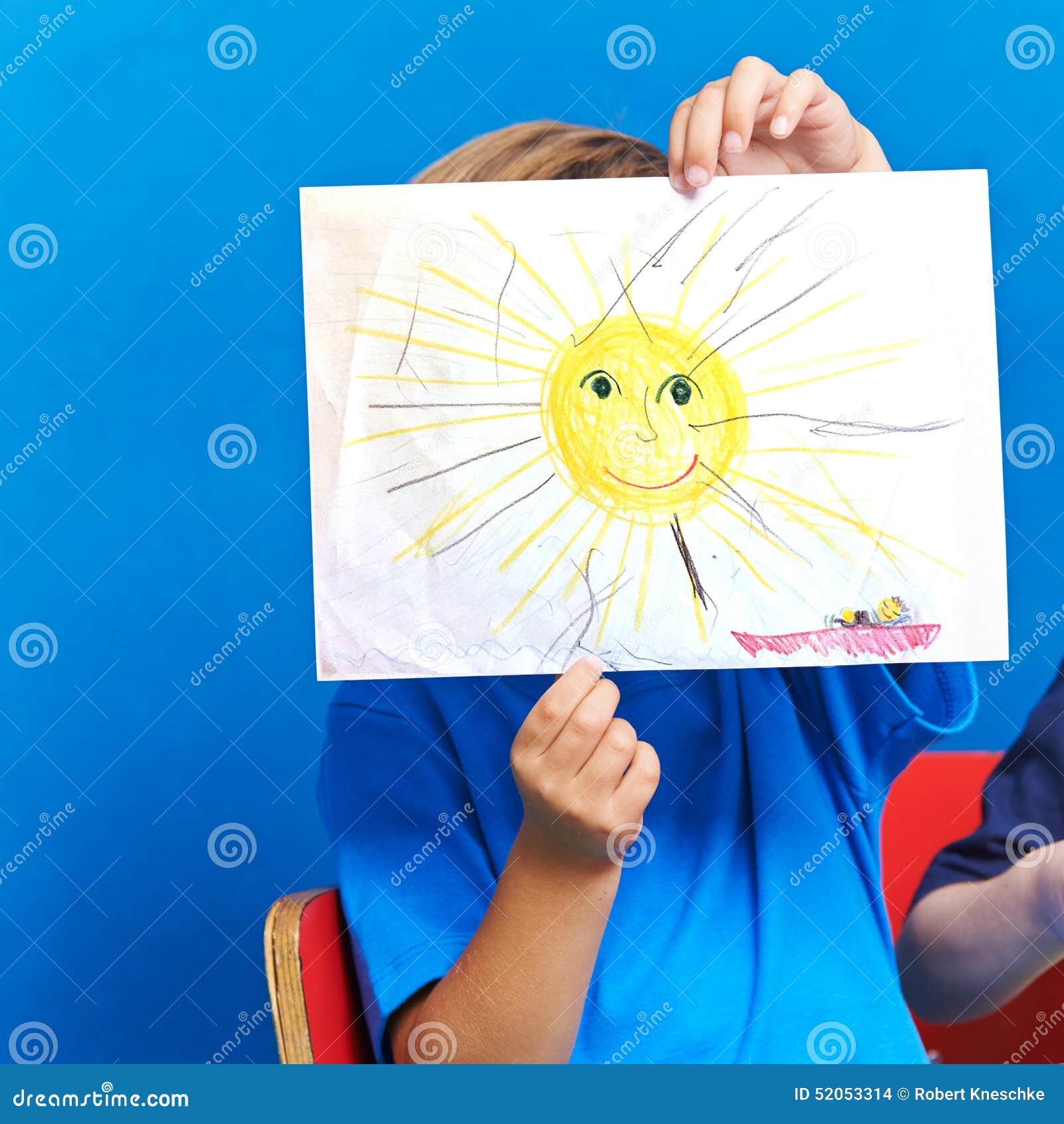 Child Showing Drawing with Sun and Ocean Stock Photo - Image of lake ...