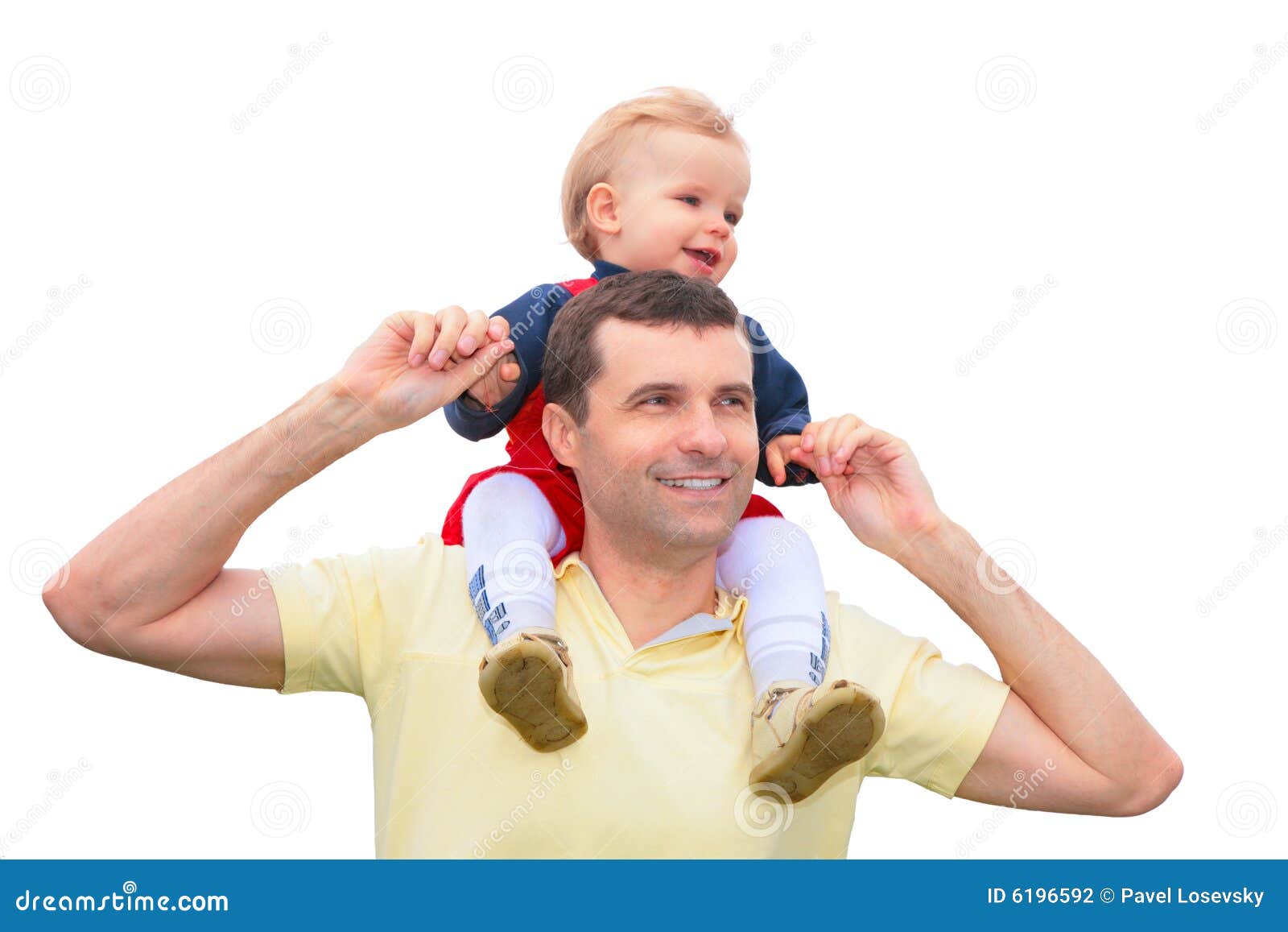 Child Sits at Father on Shoulders Stock Photo - Image of clothing, care ...