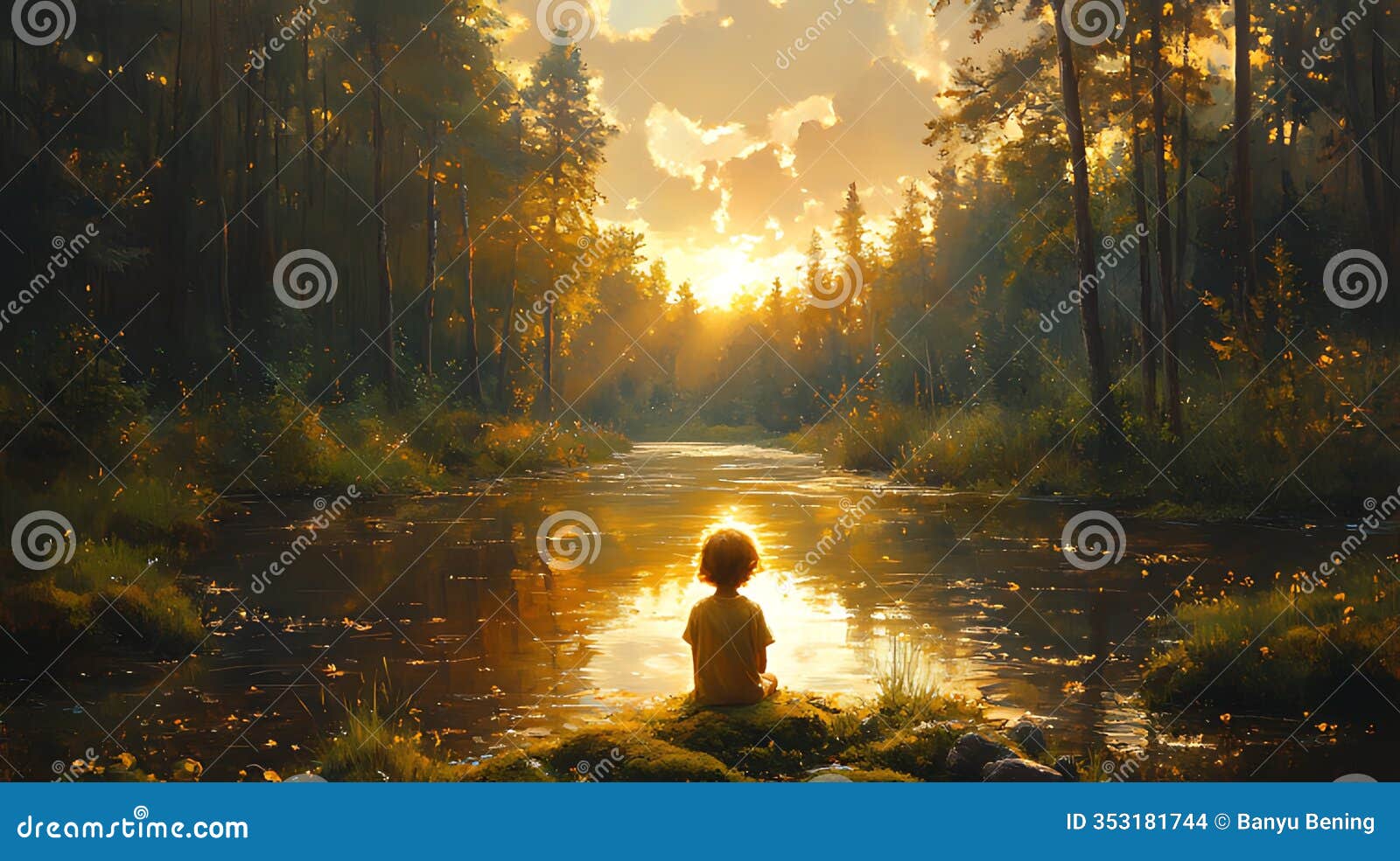 Child Sits by River, Watching Sunset in Forest Stock Illustration ...