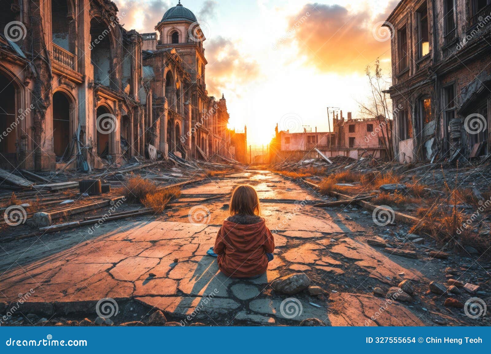 Child Sitting in Abandoned City at Sunset Stock Photo - Image of decay ...