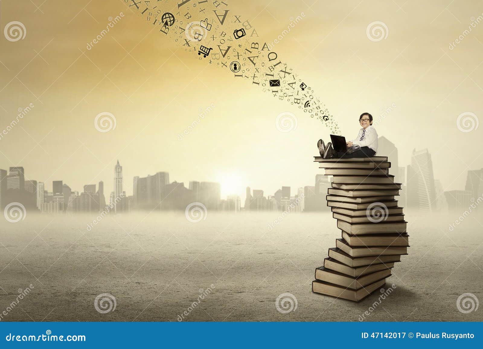 Child Sitting on Books and Send Information Stock Image - Image of ...