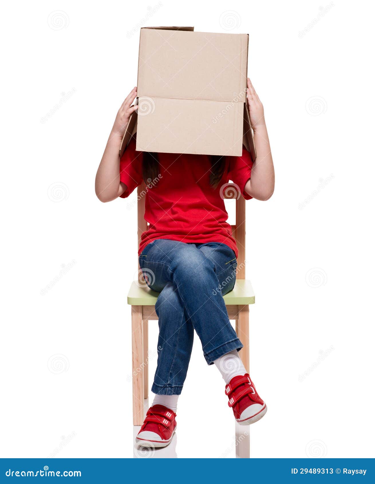 Child Sitting on a Chair with Big Box Covered Head Stock Image - Image ...