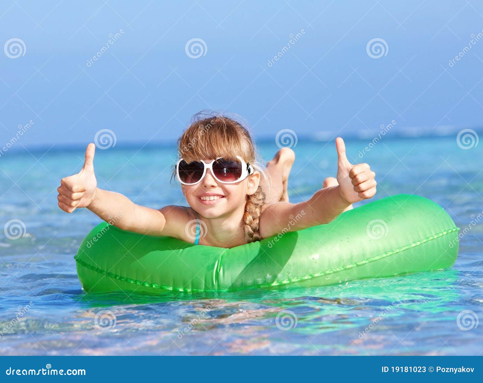 Child Sitting on Inflatable Ring Thumb Up. Stock Image - Image of blue ...