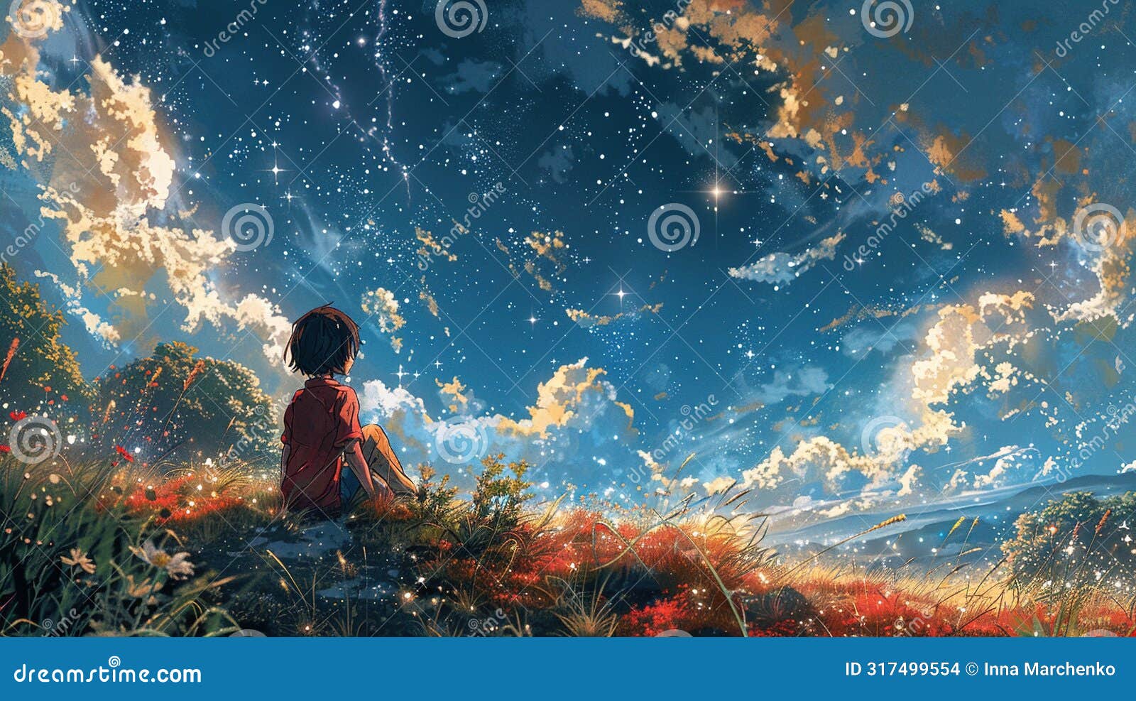 The Child is Sitting Under the Starry Sky in the Field Stock ...