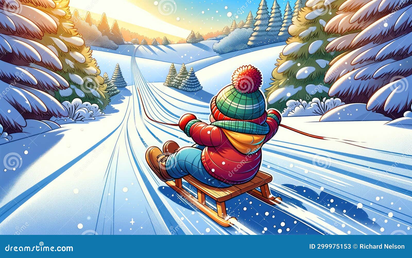 Child Sledding Down Snowy Hill Stock Illustration - Illustration of ...