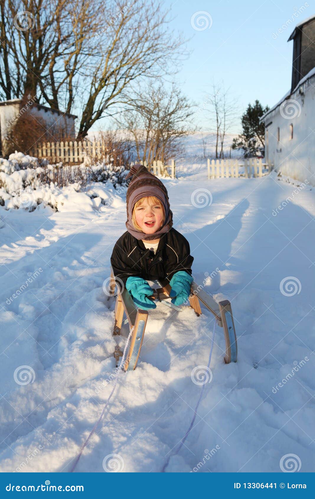 Child on Sledge or Sleigh Winter Snow Stock Image - Image of cold ...