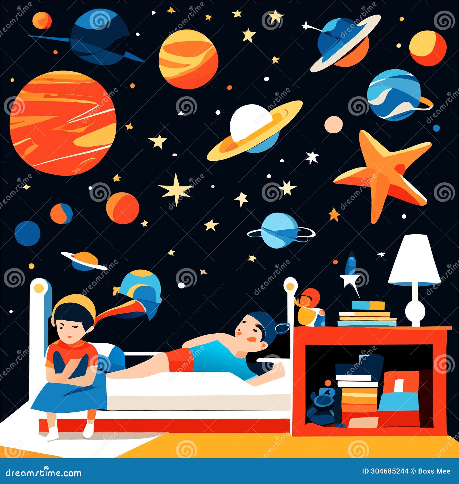Child Sleeping in Bed at Night. Vector Illustration in Flat Style Stock ...